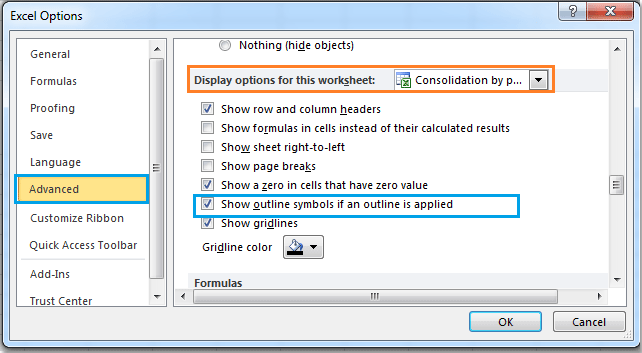 How to show or hide outline symbols in Excel?