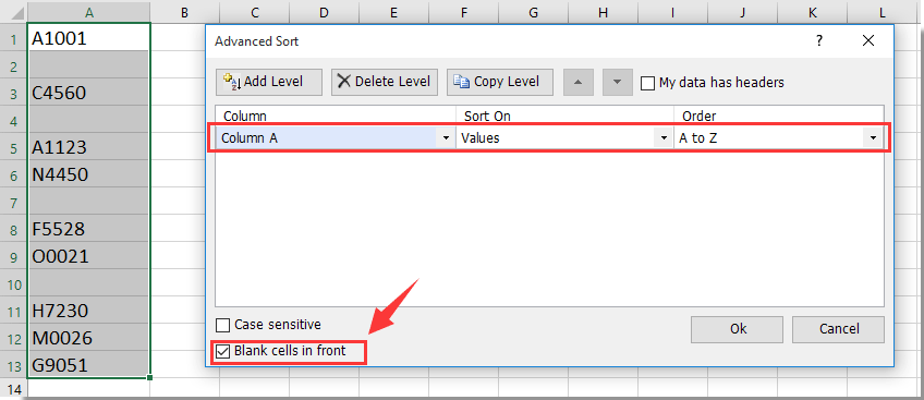 How to sort rows to put the blank cells on top in Excel?