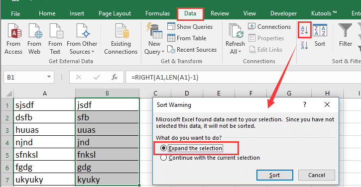 How to sort strings by a second or third character in Excel?