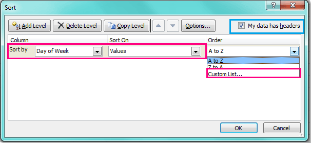 How to sort data by day of week in Excel?