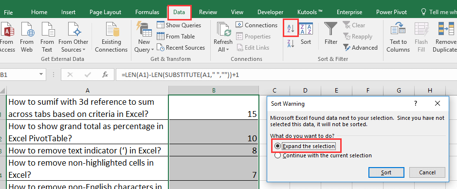 How to sort list of cells by word count in Excel?