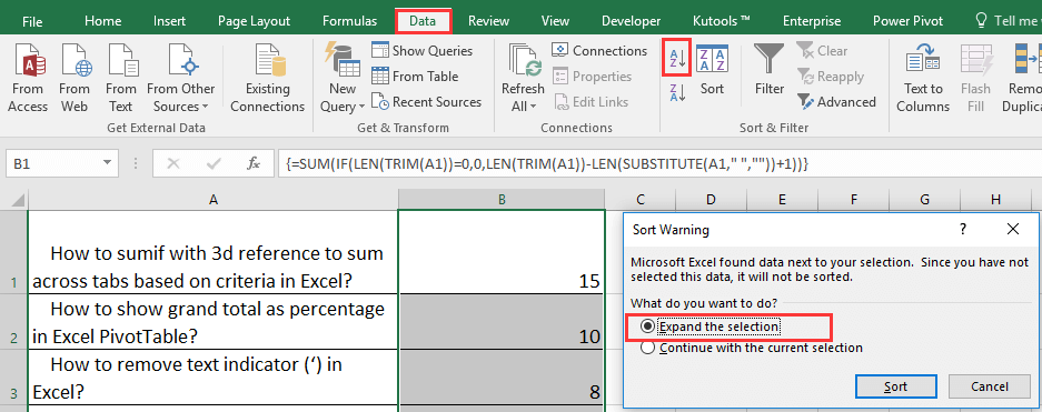 How to sort list of cells by word count in Excel?