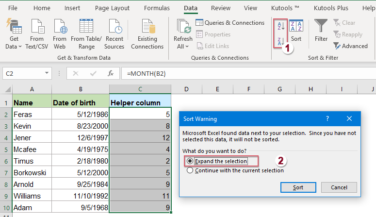 Excel sort: sort data by text, date, number or color
