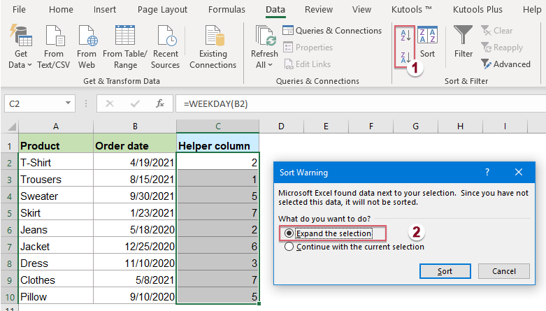 Excel sort: sort data by text, date, number or color