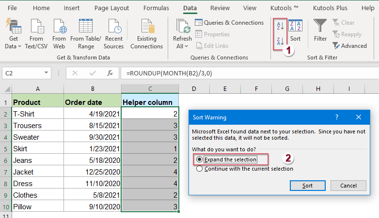 Excel sort: sort data by text, date, number or color