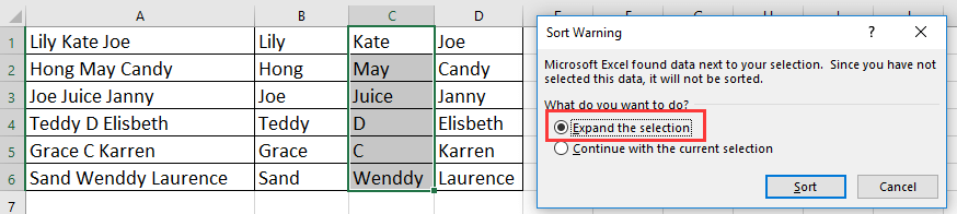 How to sort names by middle name in Excel?