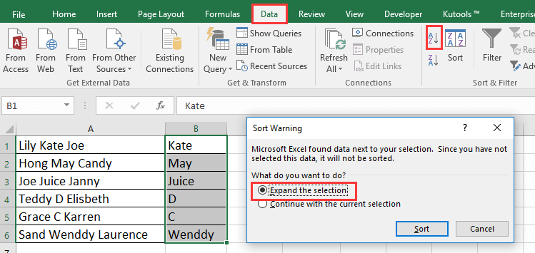 How to sort names by middle name in Excel?
