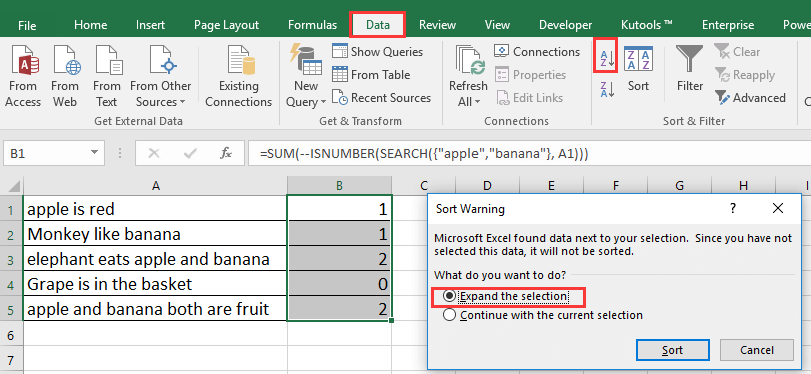 How to sort list by specific word(s) in Excel?