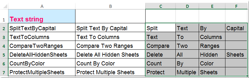 How to split text into separate columns by capital letter in Excel?