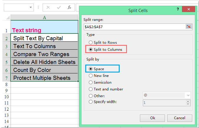 How to split text into separate columns by capital letter in Excel?