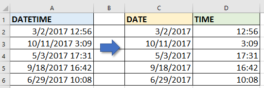 How to split date and time from a cell to two separated cells in Excel?
