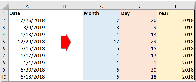 How to quickly split date into separate day, month and year in Excel?