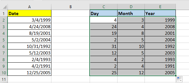 How to quickly split date into separate day, month and year in Excel?