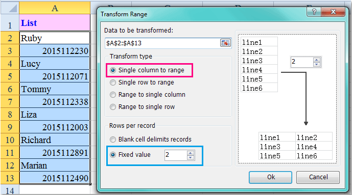 How to split a column every other row in Excel?