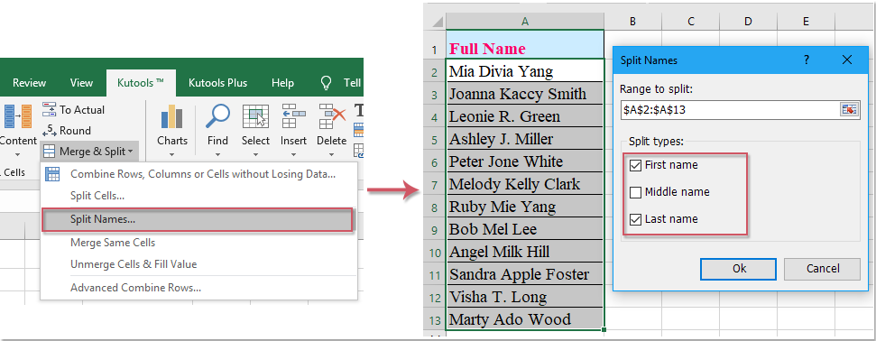 How to split full name to first and last name in Excel?