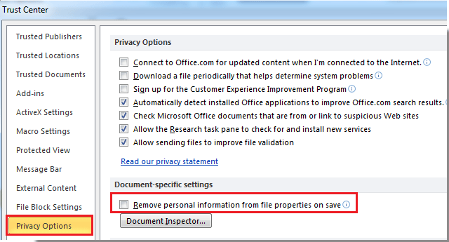 How to stop privacy warning on save in Excel?