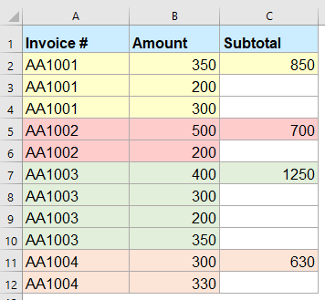 How to get subtotal based on invoice number in Excel?