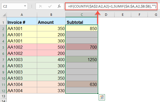 how-to-get-subtotal-based-on-invoice-number-in-excel