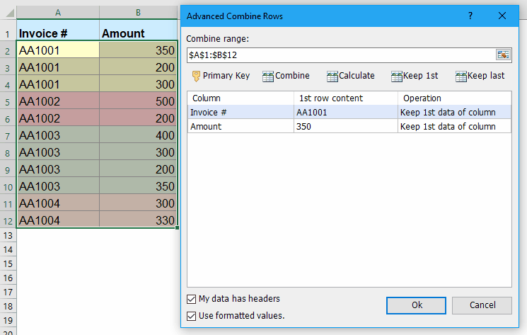 How to get subtotal based on invoice number in Excel?