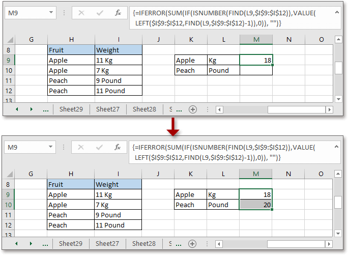 How to correctly sum numbers with units in a range in Excel?