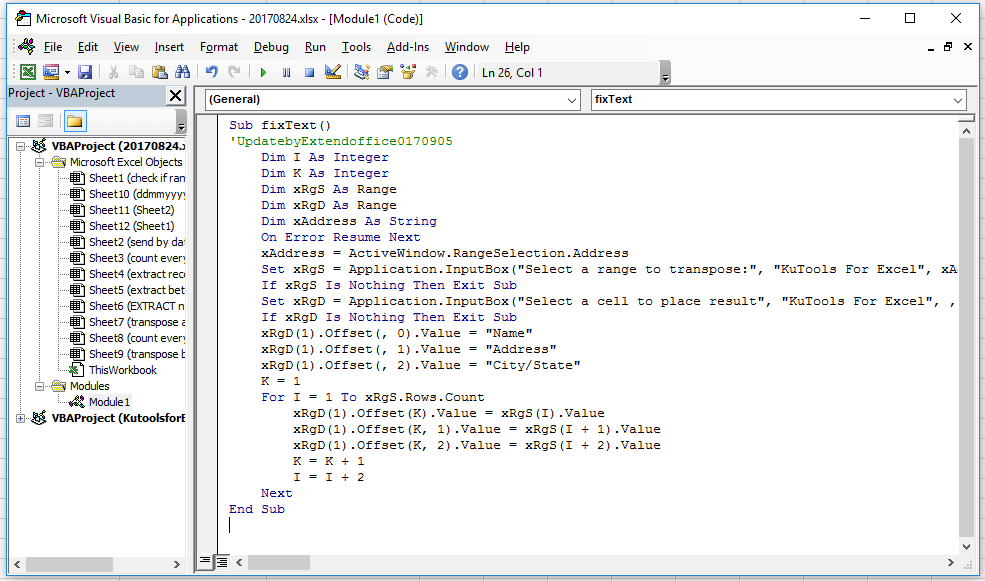 How to quickly transpose address list from rows to columns in Excel?