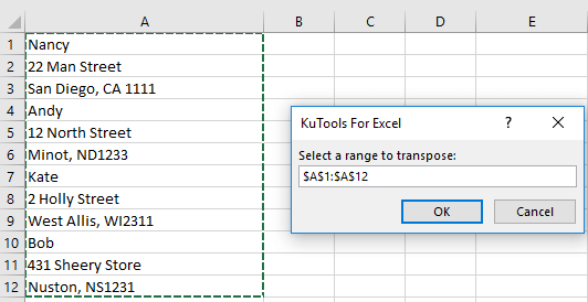 How to quickly transpose address list from rows to columns in Excel?