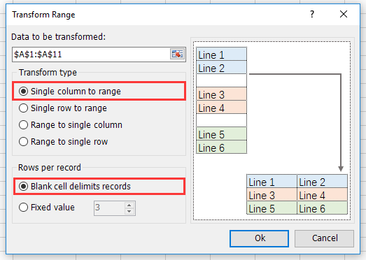 How to quickly transpose blocks of data from rows to columns in Excel?