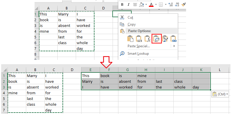 How to transpose and concatenate cells into one column with delimiter in Excel?