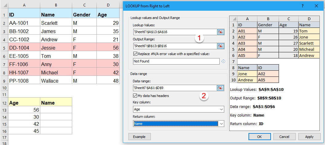 How to vlookup values from right to left in Excel?