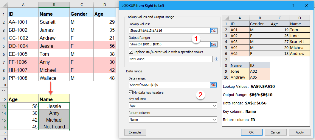 How to vlookup values from right to left in Excel?