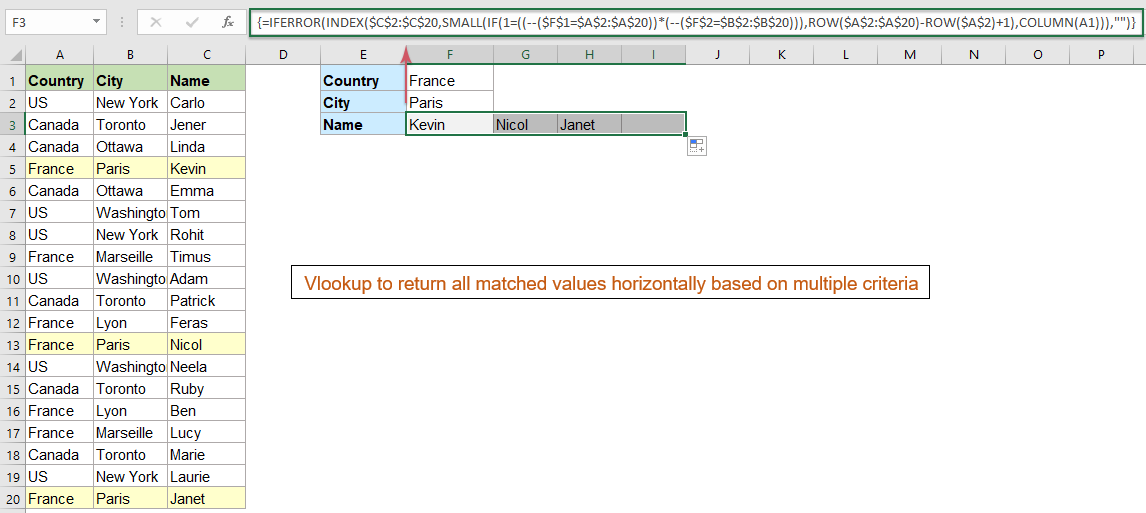 Vlookup and return multiple values based on one or multiple criteria