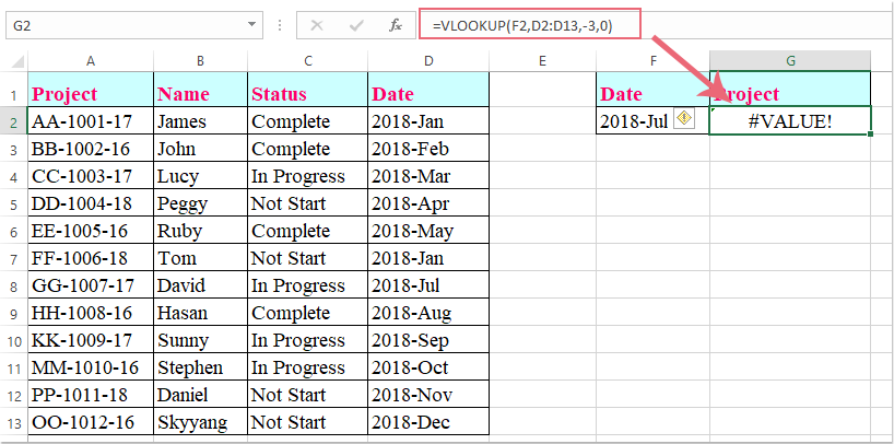 How to apply negative vlookup to return the value in left of the key field in Excel?
