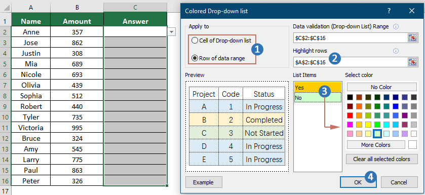 Color coding Yes or No drop-down list in Excel
