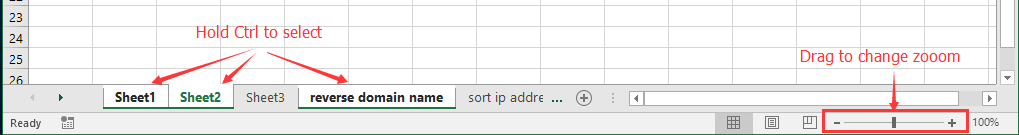 How to zoom all tabs in one size in Excel?