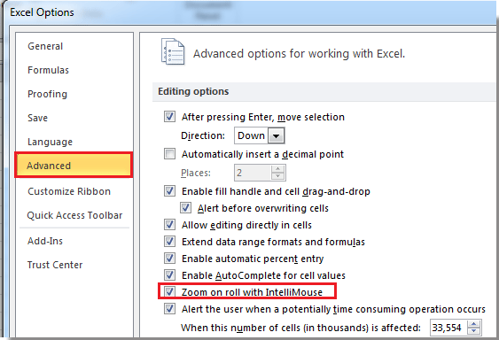 How to zoom on roll with IntelliMouse in Excel