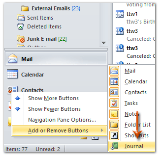 How to access/open journal folders in Outlook?