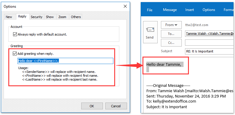 How to reply with my name brackets or sender name in Outlook?