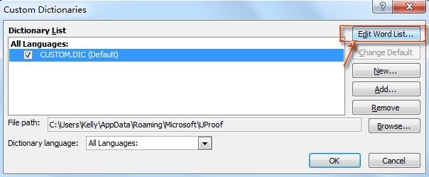 How to add and remove words in a custom dictionary in Outlook?
