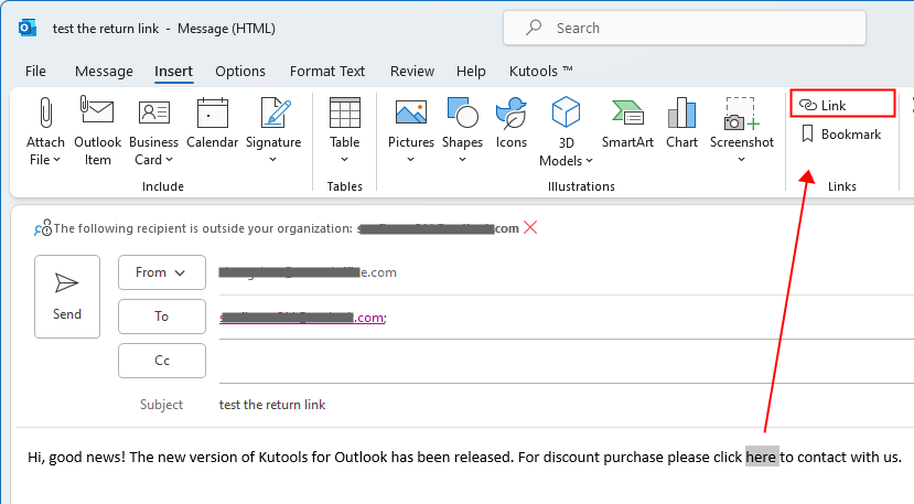 Outlook: How to add a return link in E-mail?