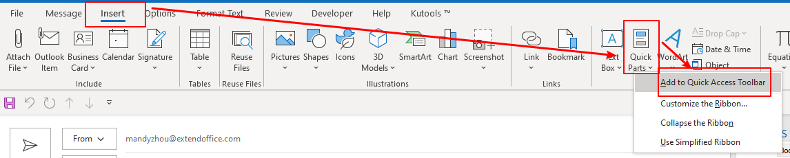 How to Add Quick Parts to Quick Access Toolbar and Use it in Outlook?