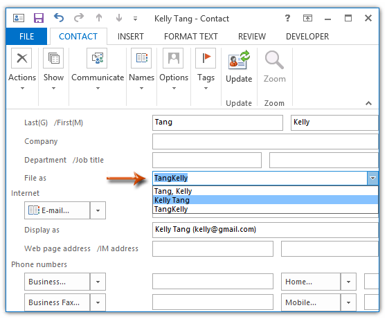How to display contacts as first name last name in Address book of Outlook?