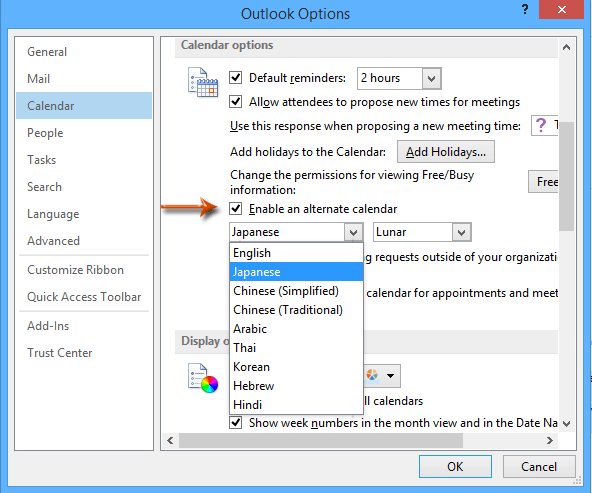 How to enable an alternate calendar in Outlook?