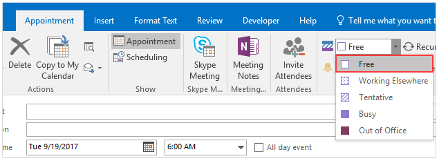 How to show appointments as Free/Busy/Tentative by default in Outlook?