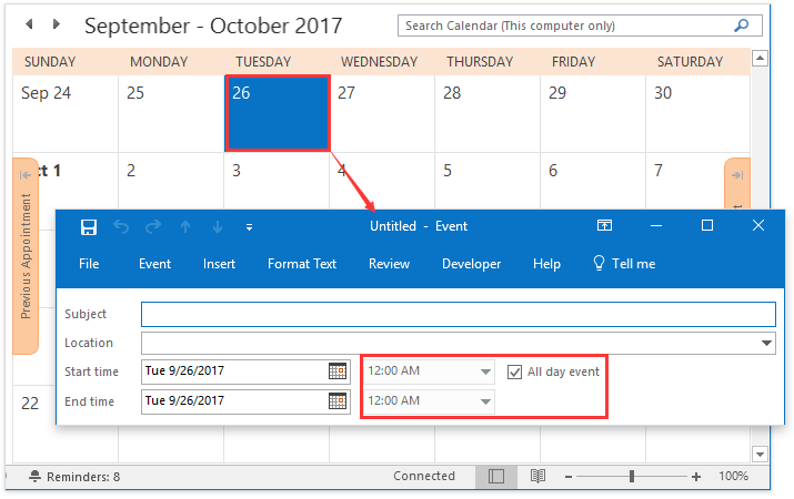 How to make new appointments default to All Day Events in Outlook?