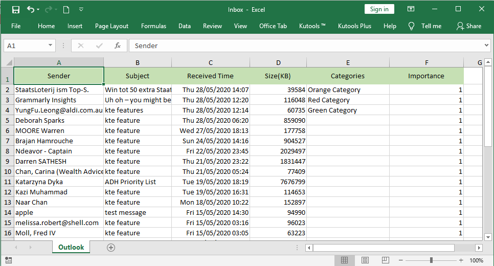 Outlook Excel 