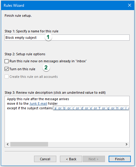 How to block emails with no subject in Outlook?