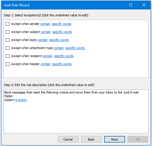 How to block emails with no subject in Outlook?