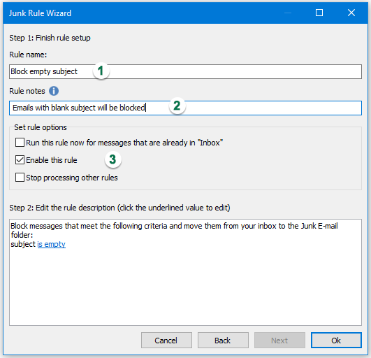 How to block emails with no subject in Outlook?