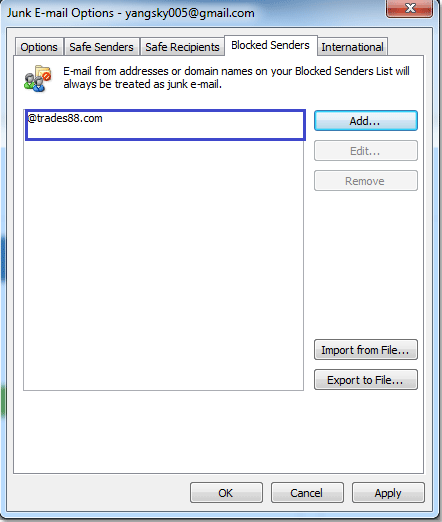 How to add sender domain to blocked senders list in Outlook?