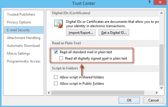 How to display all incoming messages in plain text in Outlook?